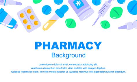 평면 스타일에서 가로 약국 배경입니다 벡터 일러스트입니다 텍스트를 위한 공간입니다 감기와 독감에 대한 스톡 벡터 아트 및 기타 이미지 감기와 독감 건강관리와 의술