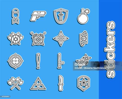 세트 라인 경찰 배지 일본 닌자 수리검 다이너마이트 스틱 및 타이머 시계 칼과 중세 방패 나무 교차 칼 도끼 항공 폭탄 및 아이콘 벡터 강철에 대한 스톡 벡터 아트 및 기타