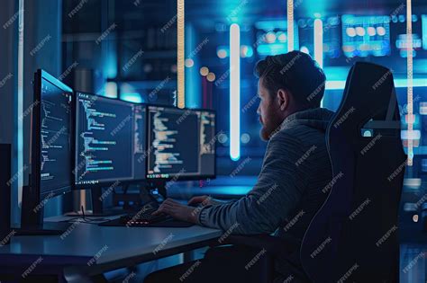 Male Programmer Coding In A Dark Room With Dual Monitors Premium Ai Generated Image