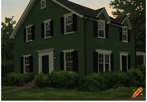 A Stylized Illustration Of A Dark Green House With Black Shutters And
