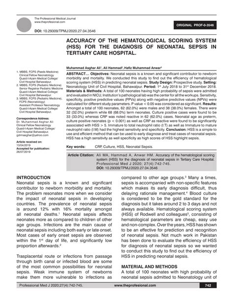 Pdf Accuracy Of The Hematological Scoring System Hss For The Diagnosis Of Neonatal Sepsis In