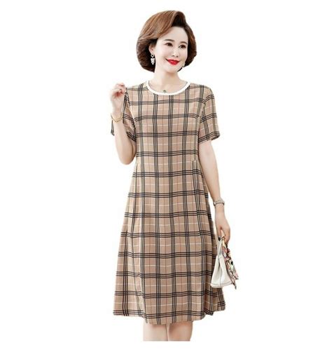 여름 가을 중년 여성 의류 체크무늬 빅사이즈 원피스 대 대 쉬폰 아줌마 미디 미시 럭셔리 롱 맥시 티몬