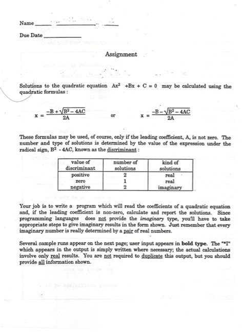 Solved Name Due Date Assignment Solutions To The Quadratic