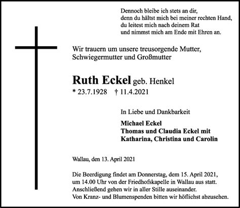 Traueranzeigen Von Ruth Eckel Vrm Trauer De