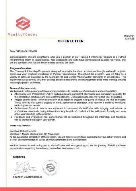 suryansh singh on linkedin internship pythonprogramming learning growth vaultofcodes