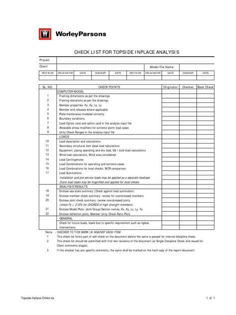 Check List For Topside Inplace Analysis Project Client Model File Name