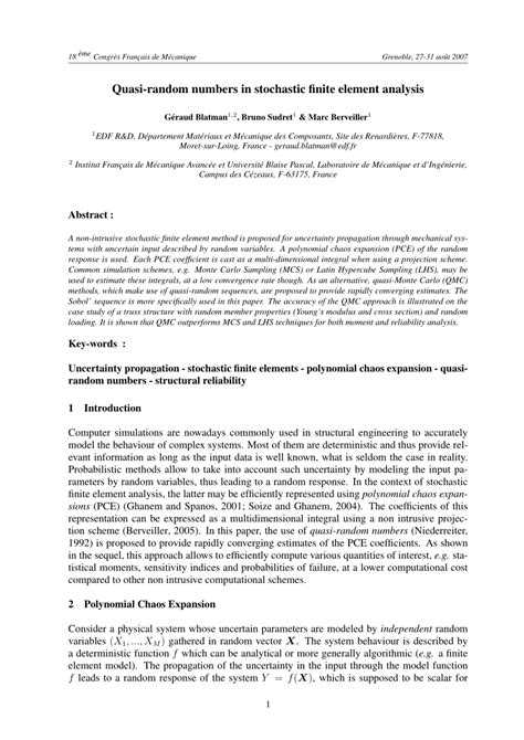 Pdf Quasi Random Numbers In Stochastic Finite Element Analysis Application To Reliability