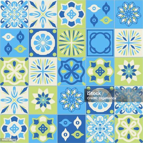 Azulejo 블루 세라믹 사각형 타일 스페인어 포르투갈 지중해 스타일 블루 그린 색상 벡터 일러스트 레이 션 0명에 대한 스톡 벡터 아트 및 기타 이미지 Istock