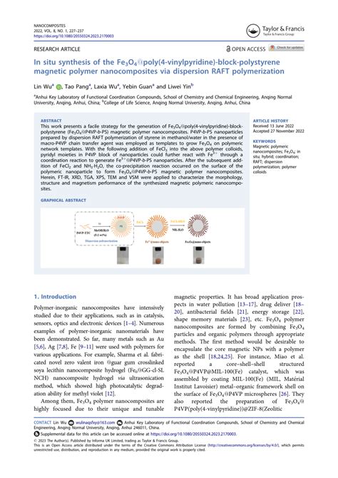 Pdf In Situ Synthesis Of The Fe3o4poly4 Vinylpyridine Block Polystyrene Magnetic Polymer