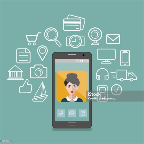 평면 스타일 소셜 미디어 이미지 주위에 스마트폰 디스플레이에 여성 애플 리 케이 션 아이콘의 벡터 그림 0명에 대한 스톡 벡터 아트 및 기타 이미지 Istock