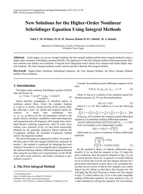 Pdf New Solutions For The Higher Order Nonlinear Schrödinger Equation Using Integral Methods