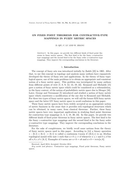 Pdf On Fixed Point Theorems For Contractive Type Mappings In Fuzzy