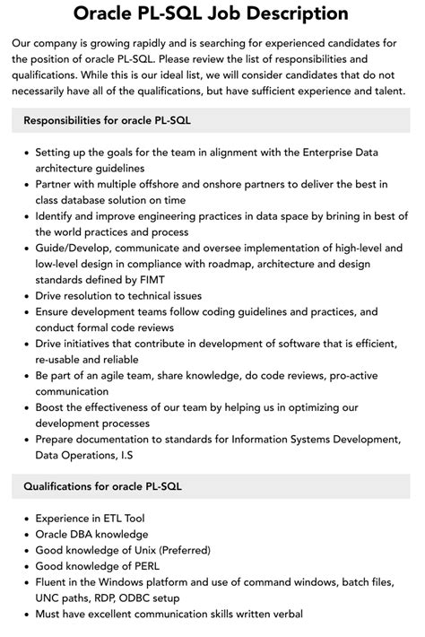 Oracle Pl Sql Job Description Velvet Jobs