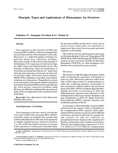 Pdf Principle Types And Applications Of Microarrays An Overview