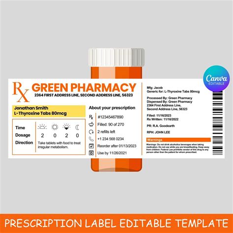 Prescription Label Template Editable Medicine Label Pill Bottle Label