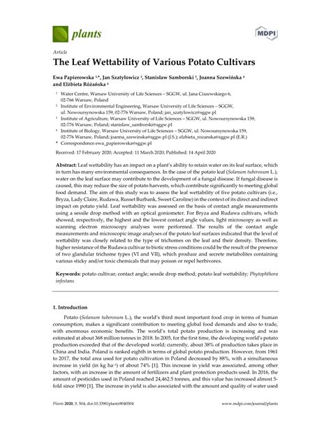 Pdf The Leaf Wettability Of Various Potato Cultivars