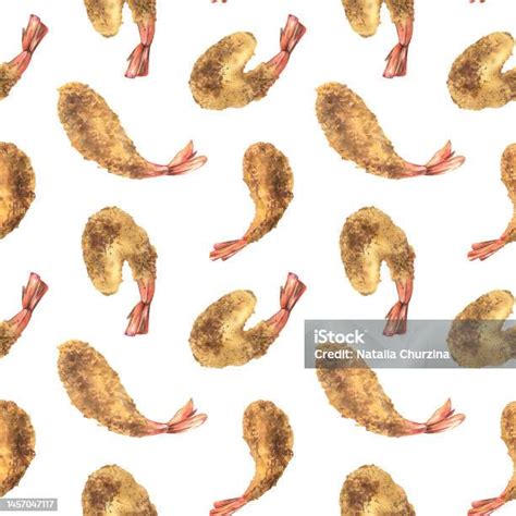 튀긴 새우 흰색 배경에 다른 모양의 튀김 수채화 그림입니다 Shrimp 컬렉션의 매끄러운 패턴 메뉴 조리법 종이 포장의 장식 및 디자인 새우 해산물에 대한 스톡 벡터 아트