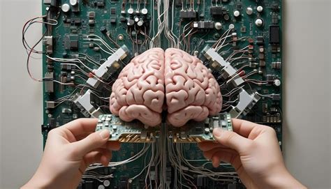 Top View Of Realistic 3d Fusion Of Brain And Computer Biological Neuro