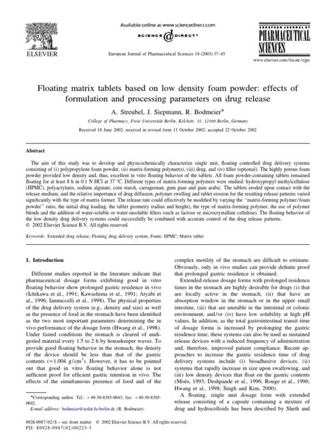 Floating Matrix Tablets Based On Low Density Form Powder Effects Of Formulation And Processing
