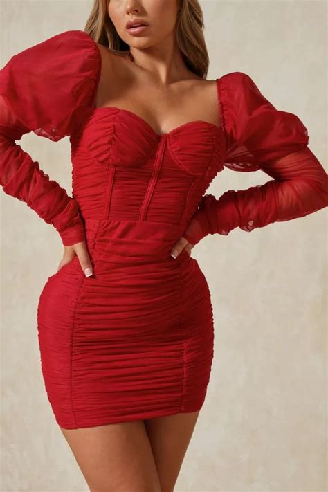 Misspap Mesh Ruched Puff Sleeve Mini Dress Debenhams Cute Dress Outfits Cute Dresses Red