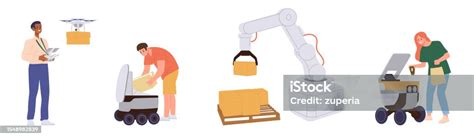 로봇 팔을 사용하는 사람들 소포 및 음식 주문 배달을 위한 원격 제어 기술 건강관리와 의술에 대한 스톡 벡터 아트 및 기타 이미지 건강관리와 의술 교통수단 등장인물