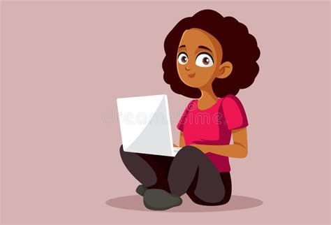 Cheerful Teenage Girl Checking Her Laptop Vector Cartoon Stock Vector