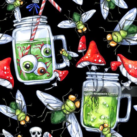 수채화 완벽 한 패턴 유리 컵과 약 독 버섯의 일종과 파리 할로윈 휴가 그림 재미 있는 음식 그리고 음료입니다 유독 취급 합니다