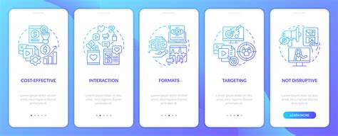 소셜 미디어 광고의 이점 블루 그라데이션 온보딩 모바일 앱 화면 고객 참여에 대한 스톡 벡터 아트 및 기타 이미지 고객 참여