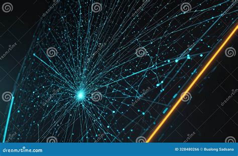 Digital Complex Network Interconnected Lines And Dots With Bright Blue Dot At The Center