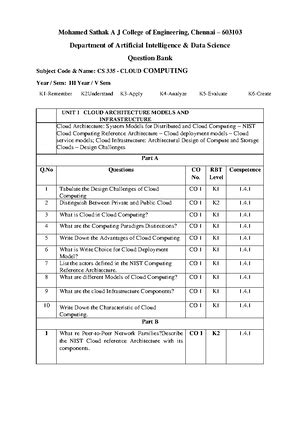 CCS335 Cloud Computing Notes UNIT I CLOUD ARCHITECTURE MODELS AND INFRASTRUCTURE 6 Cloud Studocu