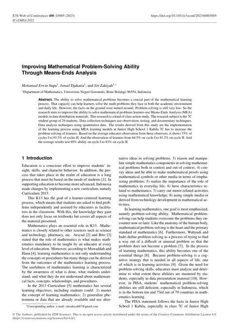 Pdf Improving Mathematical Problem Solving Ability Through Means Ends Analysis