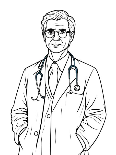 Doctor With Glasses And A Stethoscope Coloring Page Line Drawing Isolated On White Background