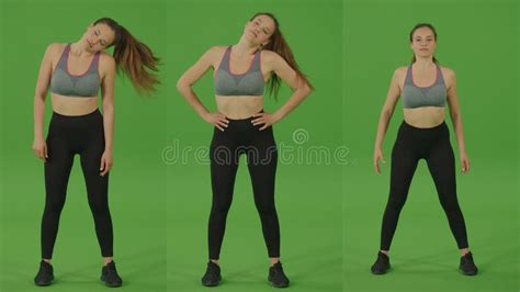 3 In 1 Split Green Screen Young Woman Doing Exercises For Stretching Arms Stock Video Video Of