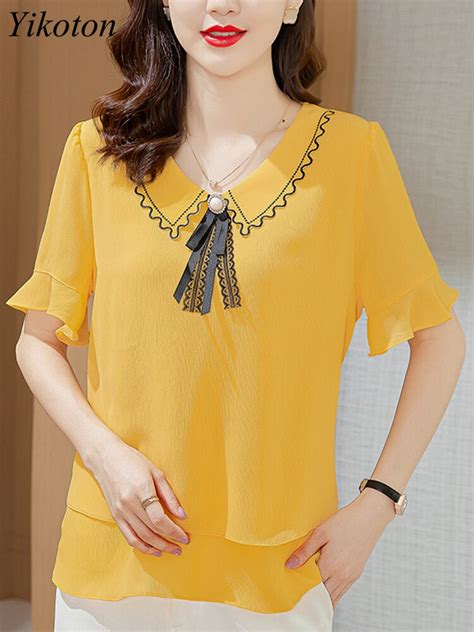 여성용 여름 블라우스 페이크 투피스 쉬폰 셔츠 루즈 플러스 사이즈 반팔 V넥 셔츠 캐주얼 블라우스 여성 상의 Aliexpress