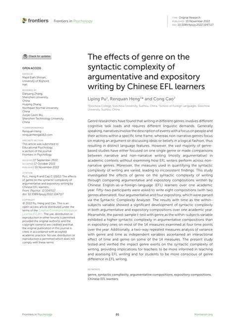 Pdf The Effects Of Genre On The Syntactic Complexity Of Argumentative And Expository Writing
