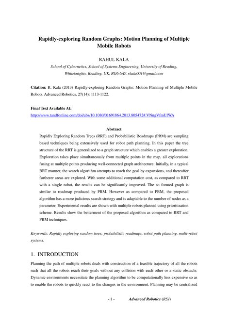 Pdf Rapidly Exploring Random Graphs Motion Planning Of Multiple Mobile Robots