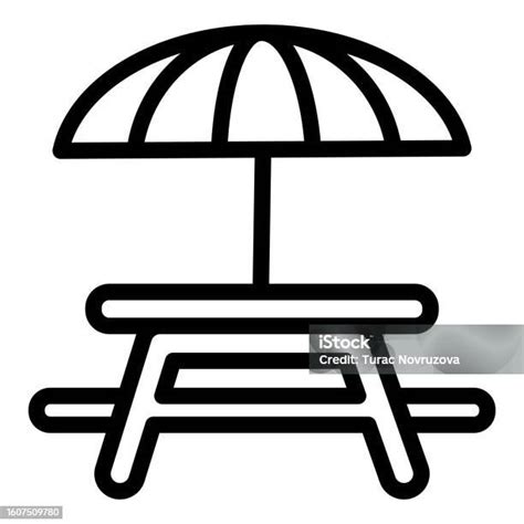 우산 라인 아이콘 피크닉 개념 흰색 배경에 캠핑 테이블 표지판 모바일 웹 디자인을 위한 개요에 있는 테이블과 의자 외부 아이콘이 있는 야외 테이블 벡터 그래픽 0명에 대한