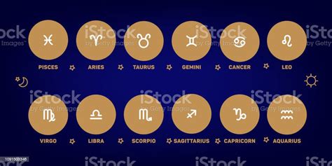파란 배경에 황금 색깔의 원형에서 벡터 표지판의 조디악 점성 학의 예측 단일 기호에 대 한 별자리입니다 점성술 기호에 대한 스톡 벡터 아트 및 기타 이미지 Istock