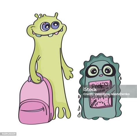 귀여운 괴물 캐릭터가 학교에갑니다 벡터 일러스트 레이 션 Eps10은 어린이 카드 초대장 및 엽서를 격리합니다 고등학교 이하에 대한 스톡 벡터 아트 및 기타 이미지 Istock
