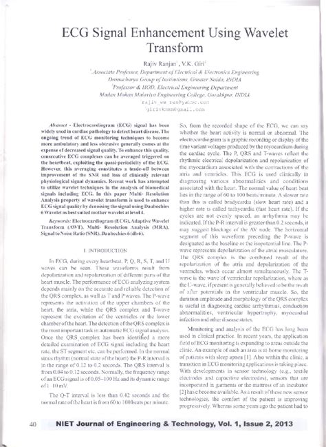 Pdf Ecg Signal Enhancement Using Wavelet Transform