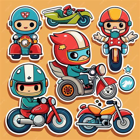Cute Cartoon Motorbike Riders And Bikes Stickers Premium Ai Generated