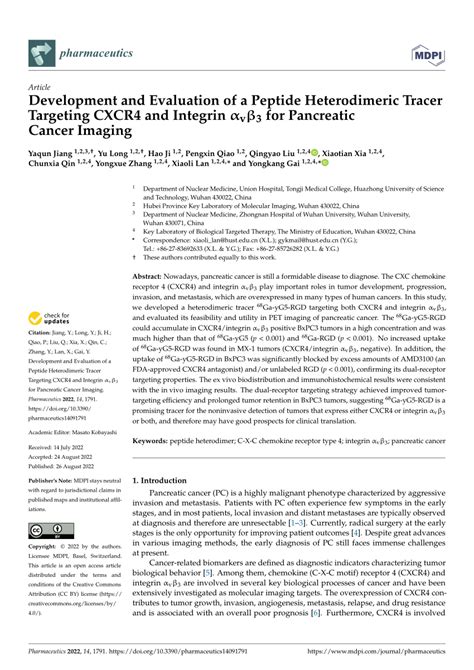 Pdf Development And Evaluation Of A Peptide Heterodimeric Tracer Targeting Cxcr4 And Integrin