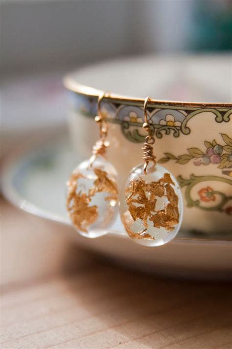 Crushed Gold Leaf In Resin Drop Earrings On Gold Wire By Nanazola