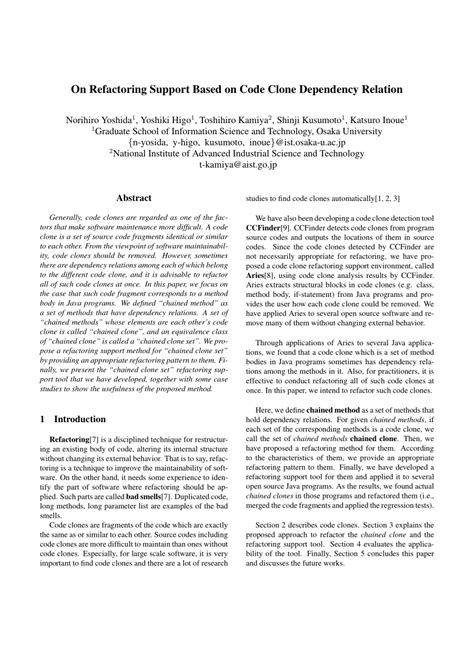 Pdf On Refactoring Support Based On Code Clone Dependency Relation