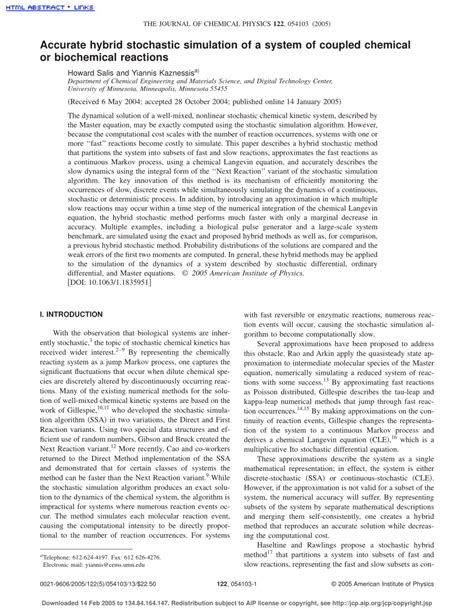 Pdf Accurate Hybrid Stochastic Simulation Of A System Of Coupled Chemical Or Biochemical Reactions