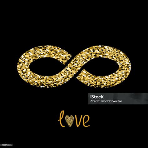 심장 기호로 무한 빨간 간판입니다 무한대 아이콘입니다 사랑 카드입니다 평면 디자인입니다 골드 반짝 반짝이 검은 배경 텍스처