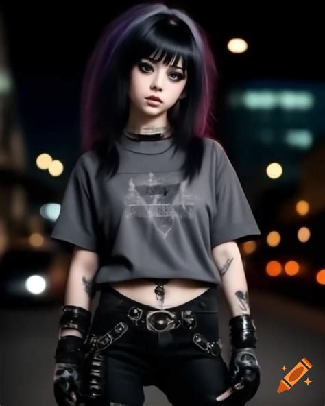 Emo Girl In Urban Night Setting Wearing Stylish Grey And Black Outfit On Craiyon