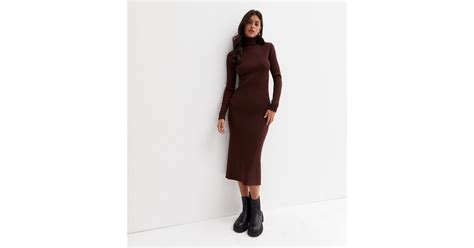 Dark Brown Ribbed Knit Roll Neck Midi Dress New Look