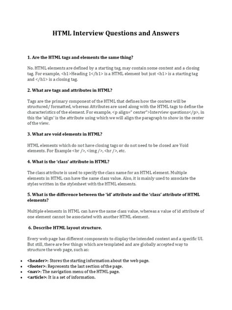 Html Interview Questions And Answers Pdf Html Element Html