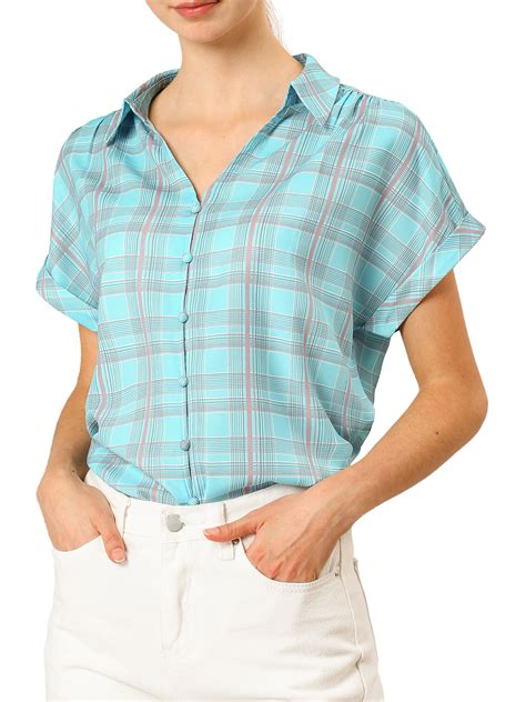 Unique Bargains Womens Plaid Short Sleeve Split Neck Button Down Top